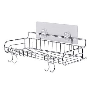 GEMITTO Shower Caddy, SUS304 Stainless Steel Self-Adhesive Bathroom Organizer Rack with 2 Stickers+2 Hooks, No Drilling for Shampoo Conditioner Kitchen Spice Storage Silver
