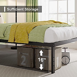 EMODA 18 Inch Twin Bed Frame No Box Spring Needed, Heavy Duty Tall Metal Twin Platform Bed Frames with Large Storage Space, Noise Free, Easy Assembly, Black