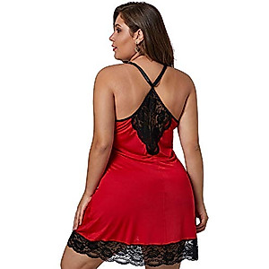 lime flare Women Sexy Plus Size Lace Trim Babydoll Chemise Criss Cross Back Lingerie Dress Sleepwear (2X-Large(US 18-20),Christmas red with satin bow detail)