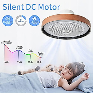XuanDe Ceiling Fans with Lights and Remote Quiet, 20" Enclosed Ceiling Fan Modern Low Profile DC Motor 6 Gear Wind Speeds 3 Colors Stepless Dimming for Bedroom, Living Room-Walnut wood color