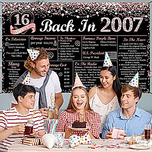 Vlipoeasn Sweet 16 Birthday Decorations for Girls, Rose Gold and Black Glitter Back in 2007 Birthday Backdrop Banner, 70.86 x 43.3Inch Pink 16 Years Old Party Poster Supplies