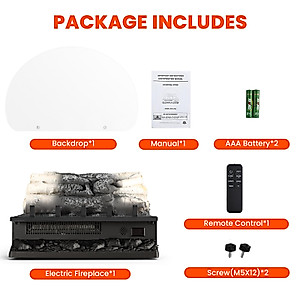 Rintuf Electric Fireplace Logs Set, 1500W Fireplace Insert Log Heater, Overheat Protection, Remote Control, Timer, 5 Flame Brightness/Speed & 4 Flame Sound, 20" Black Fireplace for Living Room Bedroom