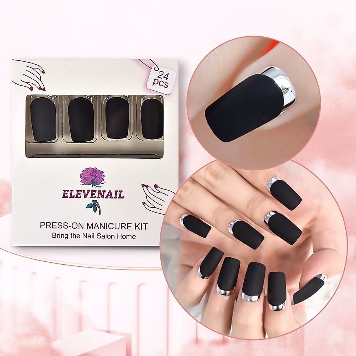 ELEVENAIL Matte Black Silver Metallic French Press on False Nails Medium Length Square Salon DIY Manicure Reusable Fake Acrylic Christmas Nail Art Tips with Jelly Adhesive Tabs Nail File