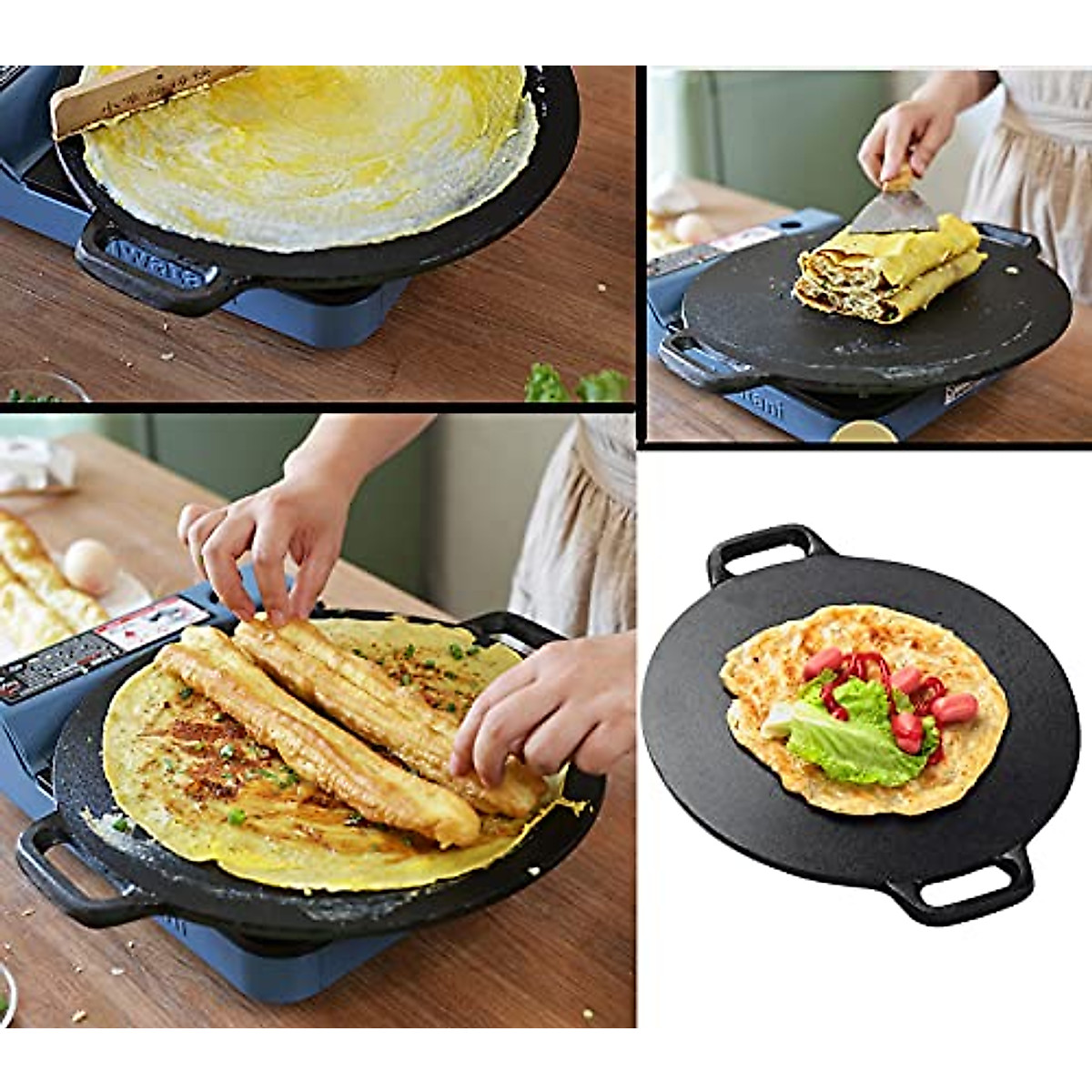 Bruntmor Pre Seasoned Cast Iron 12 inch Crepe Pan Set - 5 Piece Kitchen Pancake Grill Pan, Camping Skillet, Pizza Pan, Fry Pan