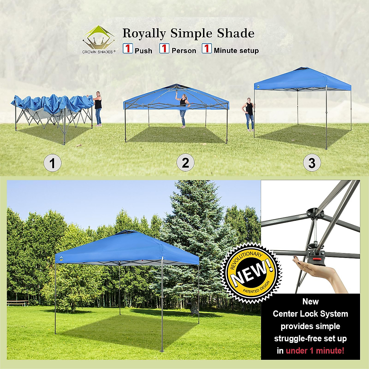 CROWN SHADES 10x10 Canopy Tent, Pop Up Beach Tent for Outdoor Shades with Wheeled Bag, 8 Stakes, 4 Ropes, Outdoor Canopy, Blue