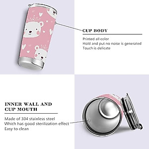 Cartoon Cute White Valentine Bear Stainless Steel water bottle with straw Leak-proof Lid and Straw travel coffee mug spill proof for Home, Office or Car cute straw tumbler 20 OZ