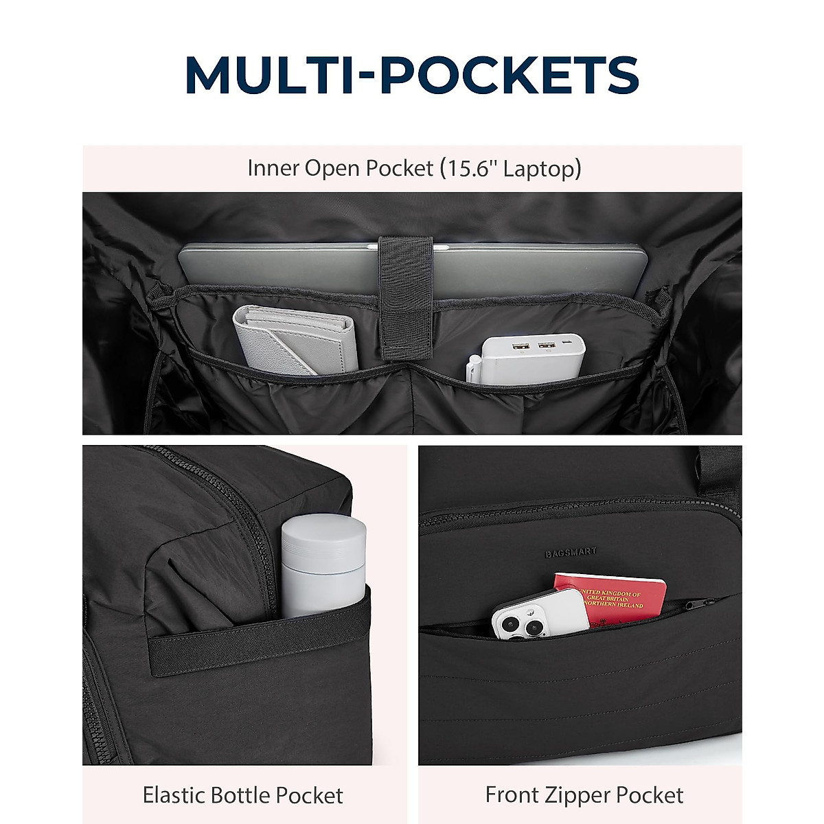 BAGSMART Travel Duffle Bag, Weekender Bags for Women Large Carry on Overnight Bag, Gym Bag with Trolley Sleeve, Personal Item Travel Bag Workout Dance Bag, Black