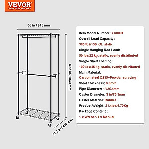 VEVOR Heavy Duty Clothes Rack, Double Hanging Rods Clothing Garment Rack with Bottom and Top Storage Tier, Rolling Clothing Rack for Hanging Clothes, 1'' Diameter Thicken Steel Tube Hold Up to 300Lbs