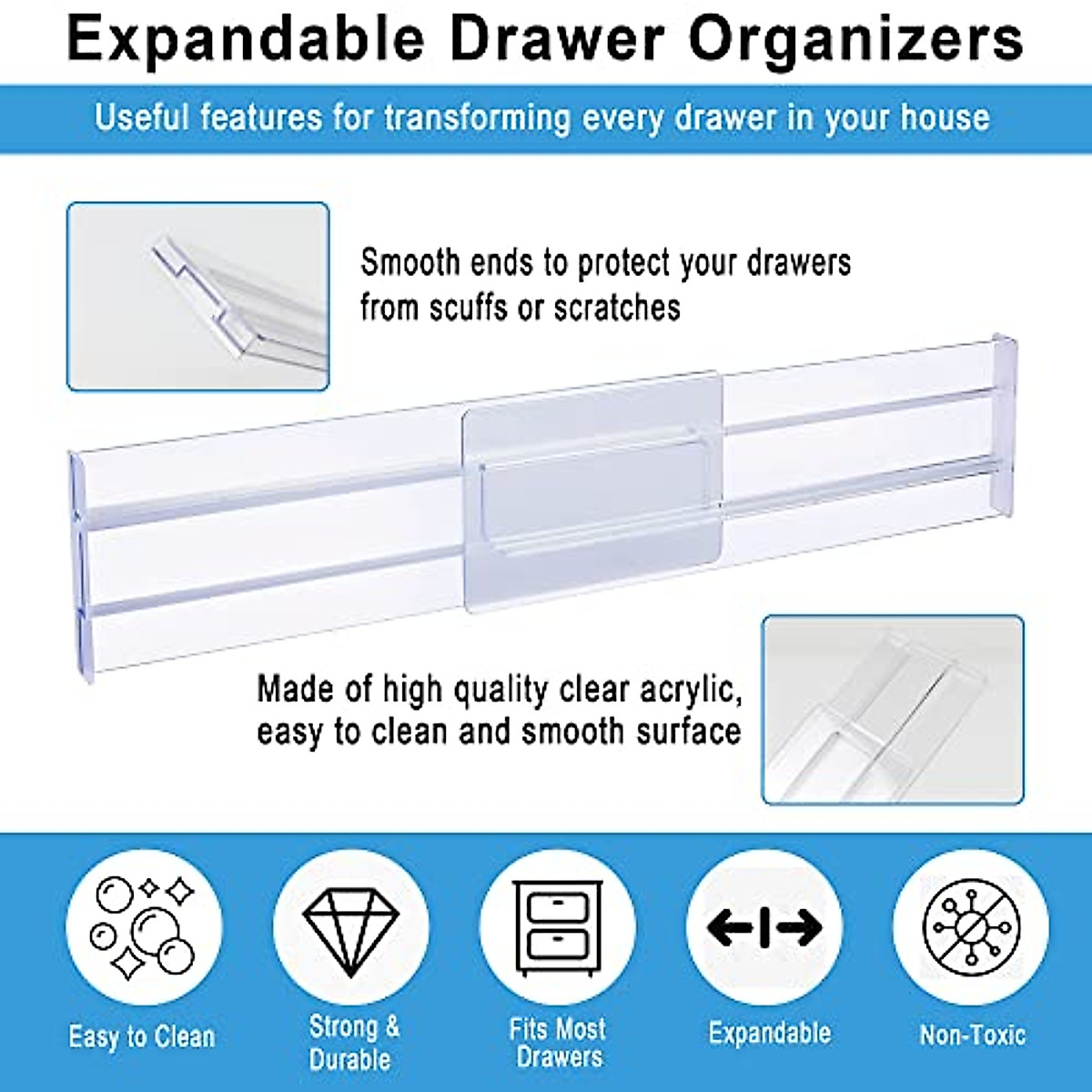 HSYP WOOD Adjustable Drawer Dividers for Clothing & Home Utensils-4 Pack of Clear Plastic Drawer Organizers, 3.2", Expandable 11-19". Ideal for Kitchen Organizers and Storage
