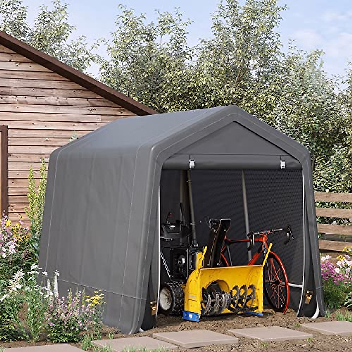 Outsunny 8' x 7' Garden Storage Tent, Heavy Duty Bike Shed, Patio Storage Shelter w/Metal Frame and Double Zipper Doors, Dark Grey