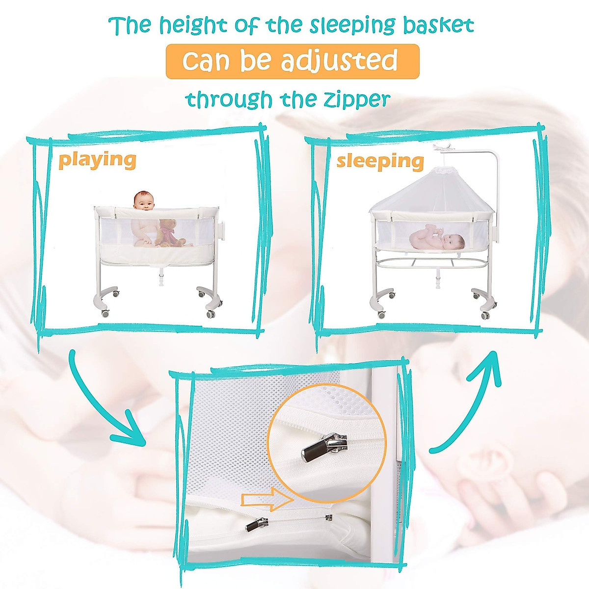 COLOR TREE Baby Bassinet Bedside Sleeper Bedside Crib with 6 Wheels, Mosquito Net, Comfy Mattress for Newborn Baby/Infant, Portable