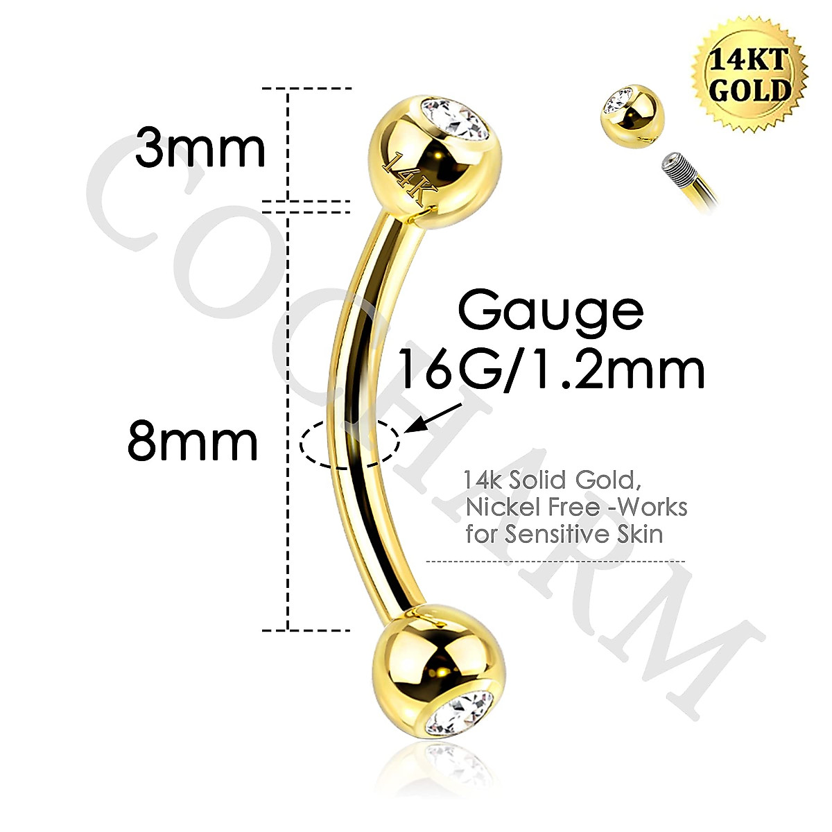 COCHARM 14K Yellow Gold Eyebrow Rings 16g Real Gold Eyebrow Piercing 8mm Solid Gold Eyebrow Barbell 16g Cute Yellow Gold Rook Earrings 14K Gold Rook Barbell