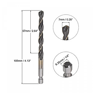 uxcell High Speed Steel Hex Shank Twist Drill Bit, 7mm Drilling Dia with 1/4 Inch Hex Shank 105mm Length