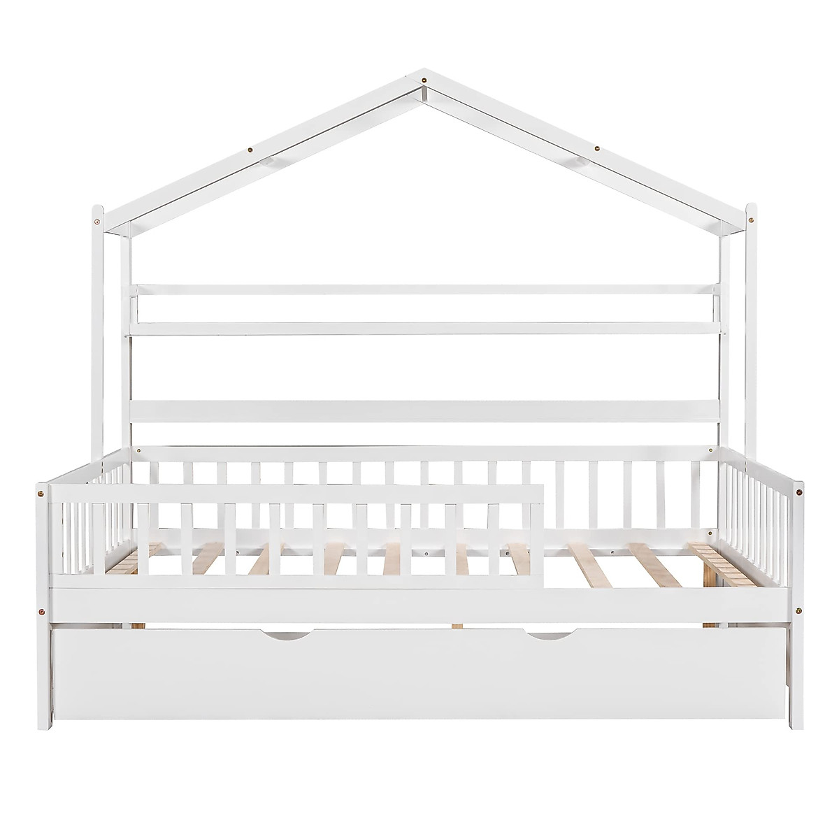 Merax Full Size House Bed with Trundle, Wooden Full Size Platform Bed Frame with Shelf, No Box Spring Needed, White