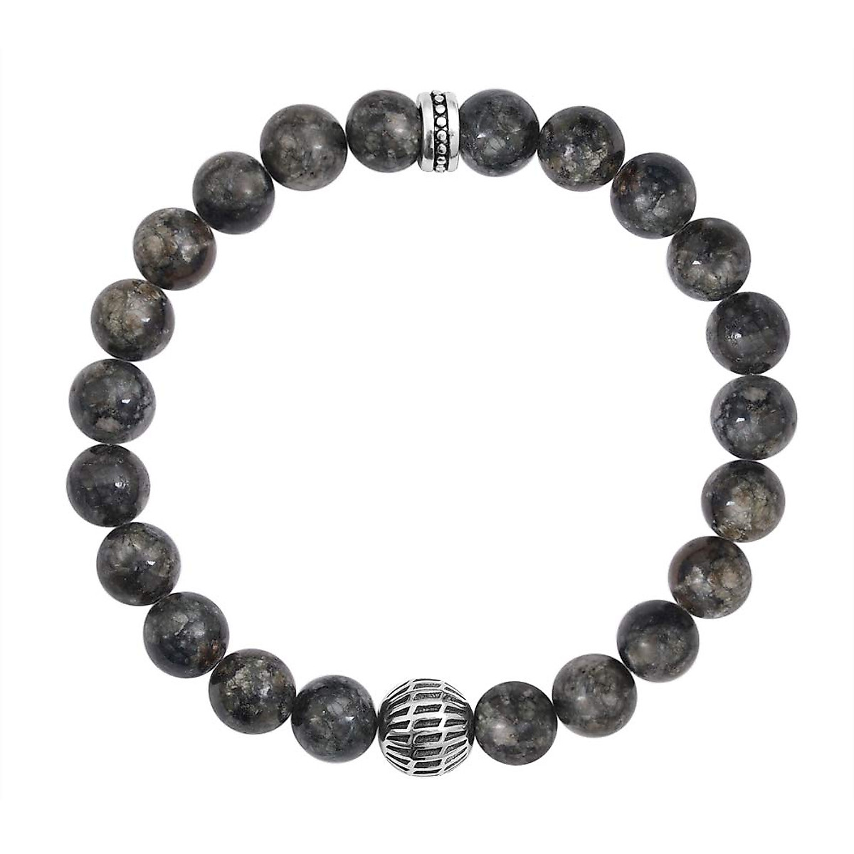 Geoffrey Beene Natural Stone Elastic 9mm Beaded Bracelet with Black Good Fortune Piece (Grey)