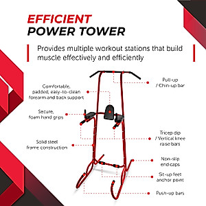 Stamina X Power Tower with VKR - Dip Bar Pull Up Bar Station with Smart Workout App - Dip Bars for Home Workout - Up to 250 lbs Weight Capacity - Red