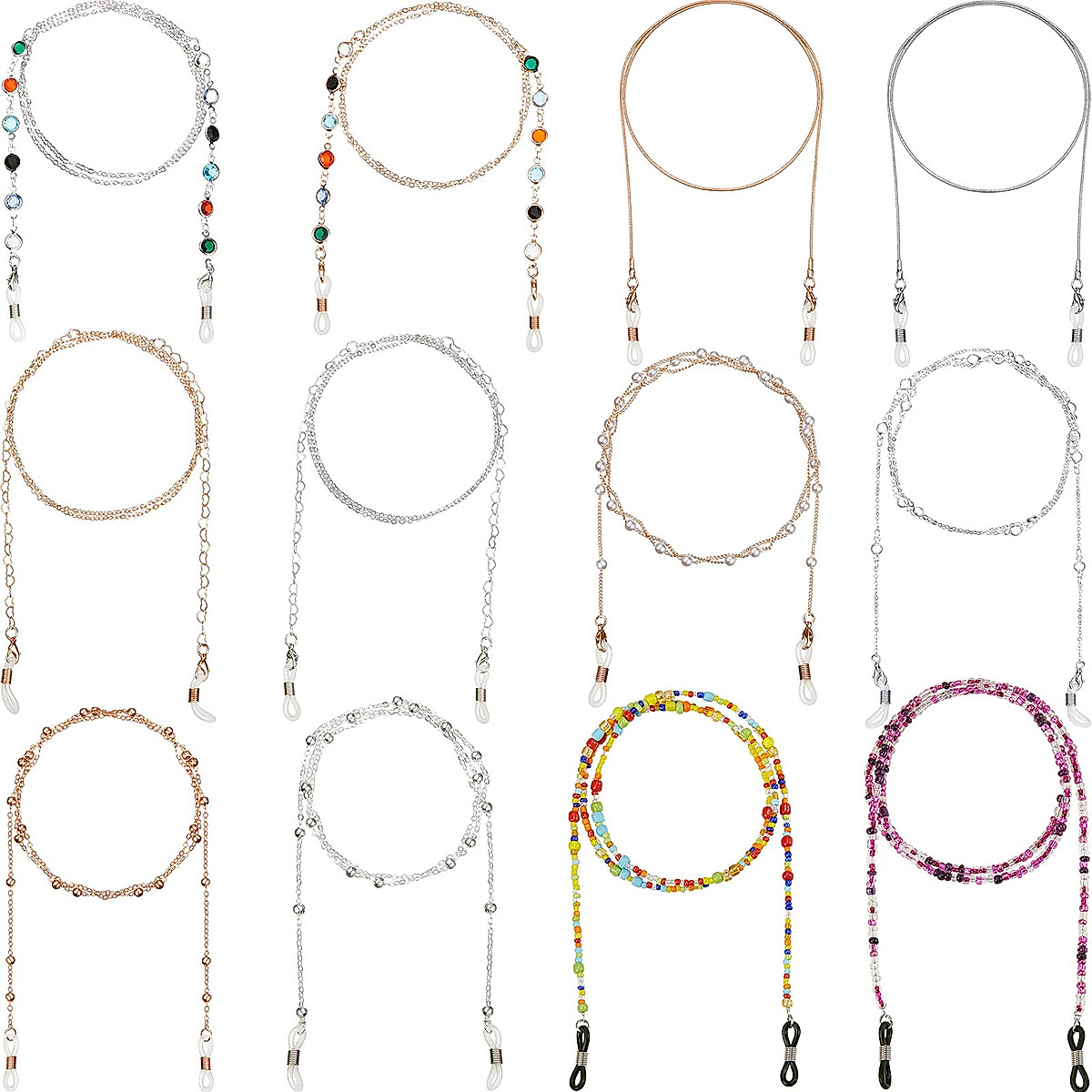 Weewooday 12 Pieces Eyeglasses Chains Beaded Sunglasses Strap Holder Elegant Necklace Holder Chain for Women（Rose Gold, Silver）