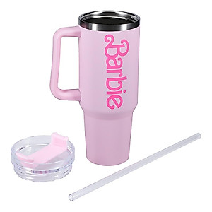 Paladone Barbie Official Licensed Pink Logo H2O Bottle, Quencher Stainless Steel Vacuum Insulated Tumbler with Lid and Straw for Water, Iced Tea or Coffee