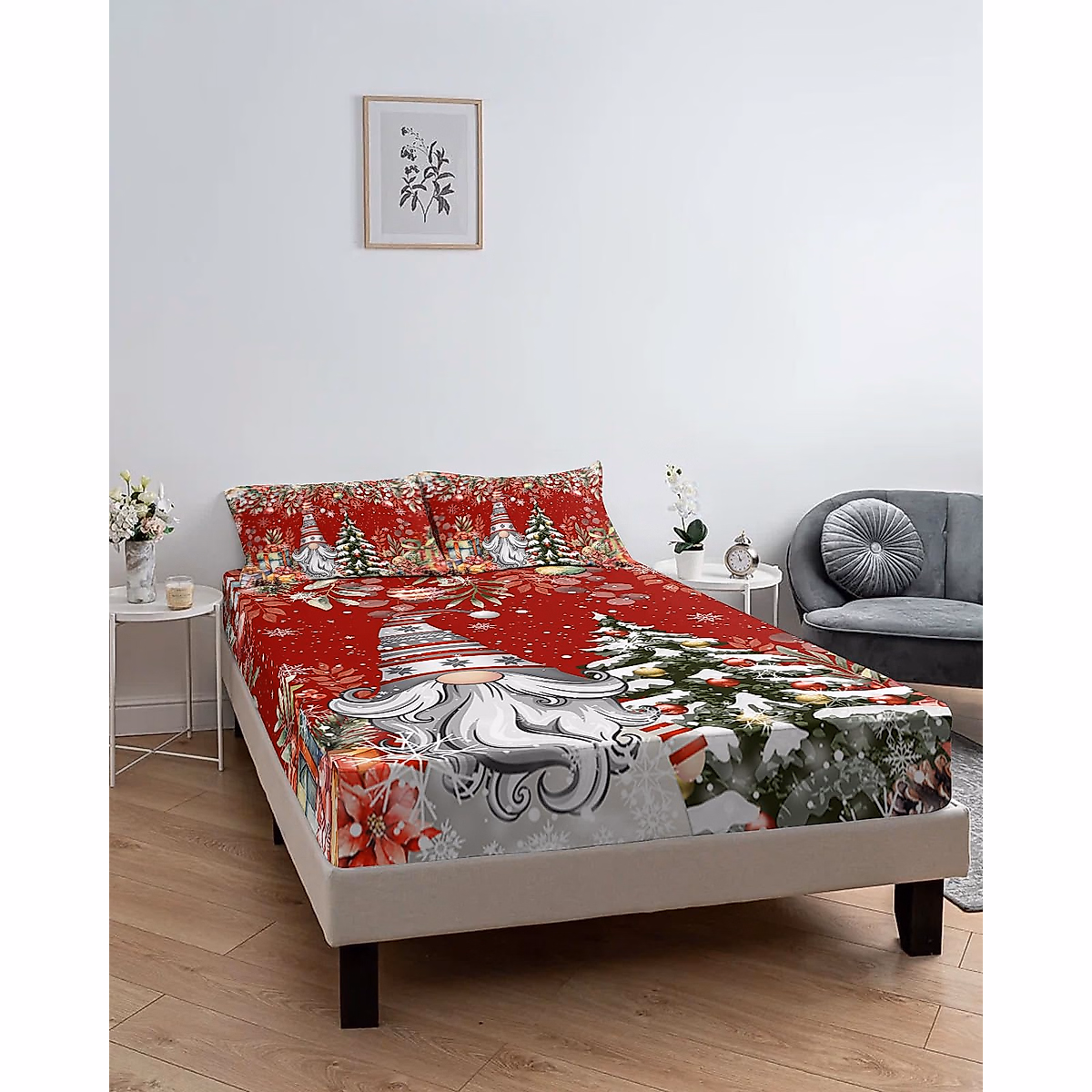 Red Christmas Fitted Sheet Set for Full Size Bed,Gnome Xmas Tree 3 Pieces Bedding Deep Pocket Bedsheet Fits Mattress Up to 16",Bottom Sheets for Bedroom Decor,Botanical Leaves