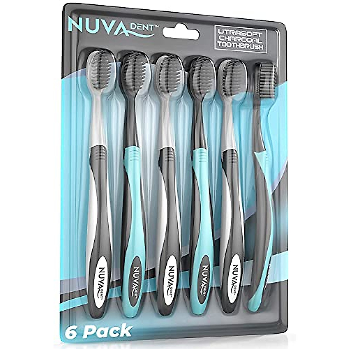 Nuva Dent Ultra Soft Charcoal Toothbrush - Gentle, Slim Brush Head, Medium Tip - Clean Plaque, Whiten Teeth - Works Well w/Activated Charcoal Toothpaste or Teeth Whitening Products, 6 Pack