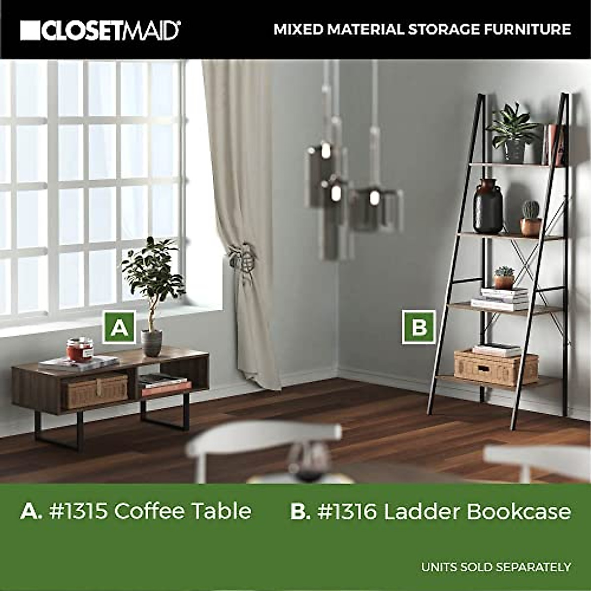 ClosetMaid 1315 Rectangular Wood Coffee Table with Storage Shelves, Gray