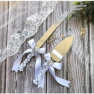 Abbie Home Wedding Cake Knife and Server Set - Flower Wrapped Handle with Silk Bow and Rhinestone Jewelry Décor (Butterfly)