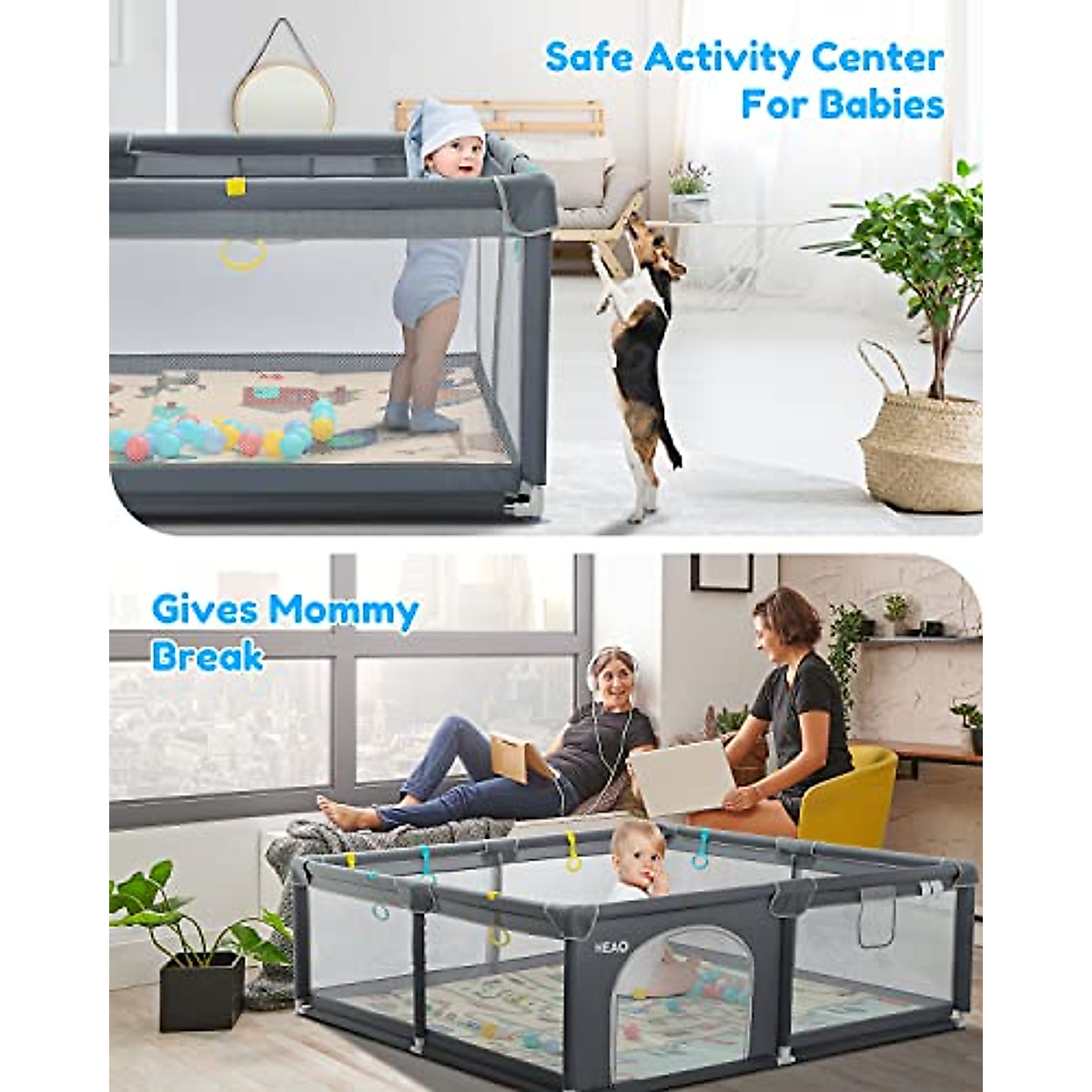 HEAO 79x59 Baby Playpen Extra Large Playard with mat Playpen for Babies with Gate Baby Playpen Area for Indoor Outdoor Grey
