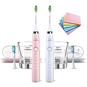 PHILIPS Sonicare DiamondClean Holiday Family Bundle - Electric Rechargeable Power Toothbrush Soft Bristles Oral Care Gum Clean 5-Modes Travel Case Glass Charger Pink/White + Sponge Cloth
