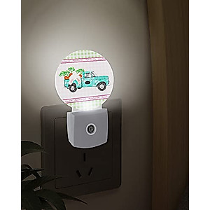 Happy Easter Truck Bunny Night Lights Plug into Wall, Pink Green Buffalo Blue Auto Round LED Lights with Dusk to Dawn Sensor for Bedroom, Bathroom, Hallway, Kitchen, Kids, Home Decor