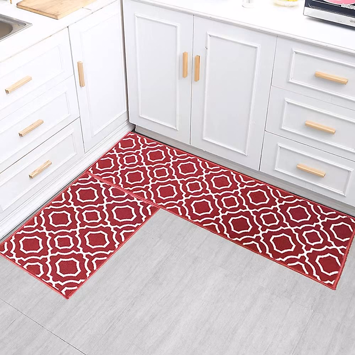 Magstonee 2 Pieces Kitchen Rug TPR Backing Mat for Doorway Bathroom Runner Rug Set (15"x23"+15"x47", Red)