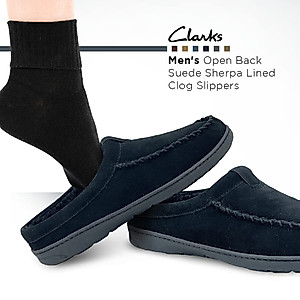 Clarks Men's Open Back Suede Sherpa Lined Clog Slippers, JMH2062 - Indoor/Outdoor Slip-Ons - Comfy & Durable Slides with Soft Plush Lining Cushioned Footbed & Gripped Rubber Outsoles (11 M US,Black)