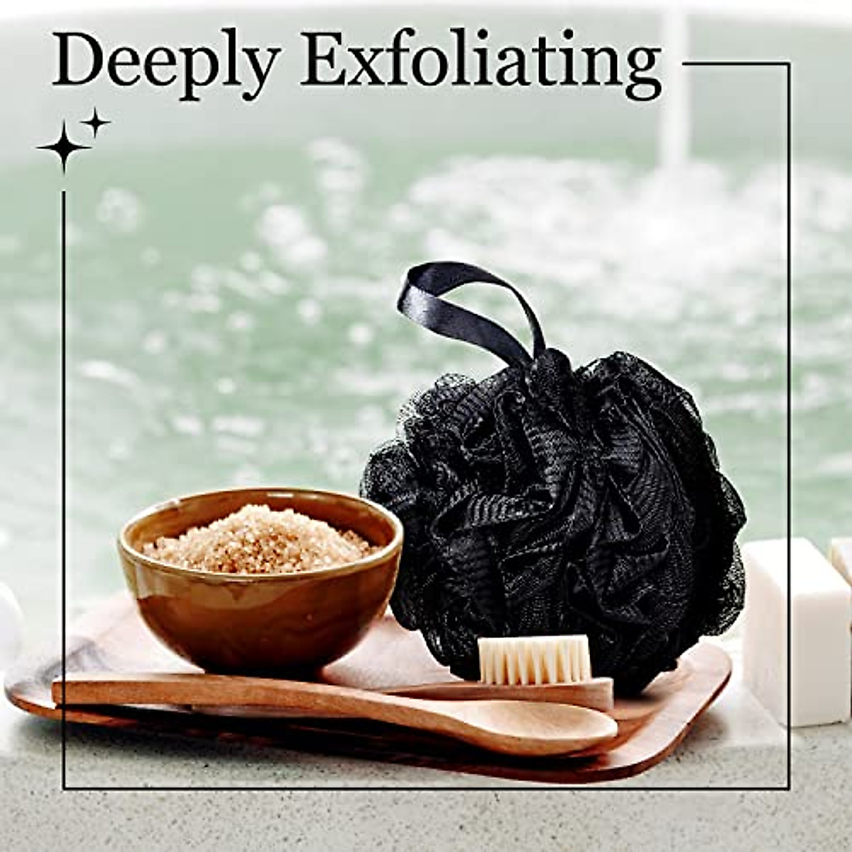 SARAGAN Shower Loofah - Large Exfoliating Bath Sponge - Body Scrubber Shower Sponge for Men & Women to Lather & Cleanse Skin - Pouf Made with 80g Plush Mesh - Helps Use Less Soap (Black)