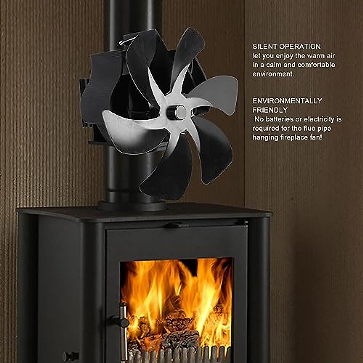 6 Blade Wood Stove Fan Heat Powered Hanging Stove Fan Silent Flue Pipe Fireplace Fan for Wall Mount (Black)