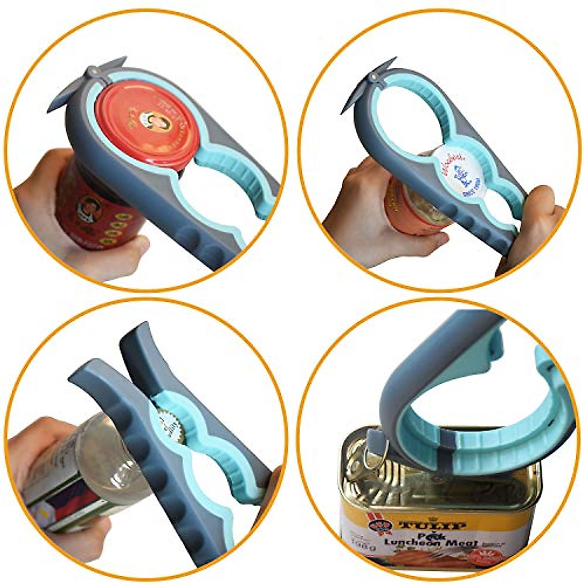 Inaouril Jar Opener Gripper, 5 in 1 Multi Functional Can Opener Bottle Opener Kitchen helper Kit with Silicone Handle Easy to Use for Children, Elderly Weak Hands and Arthritis Sufferers Set of 2