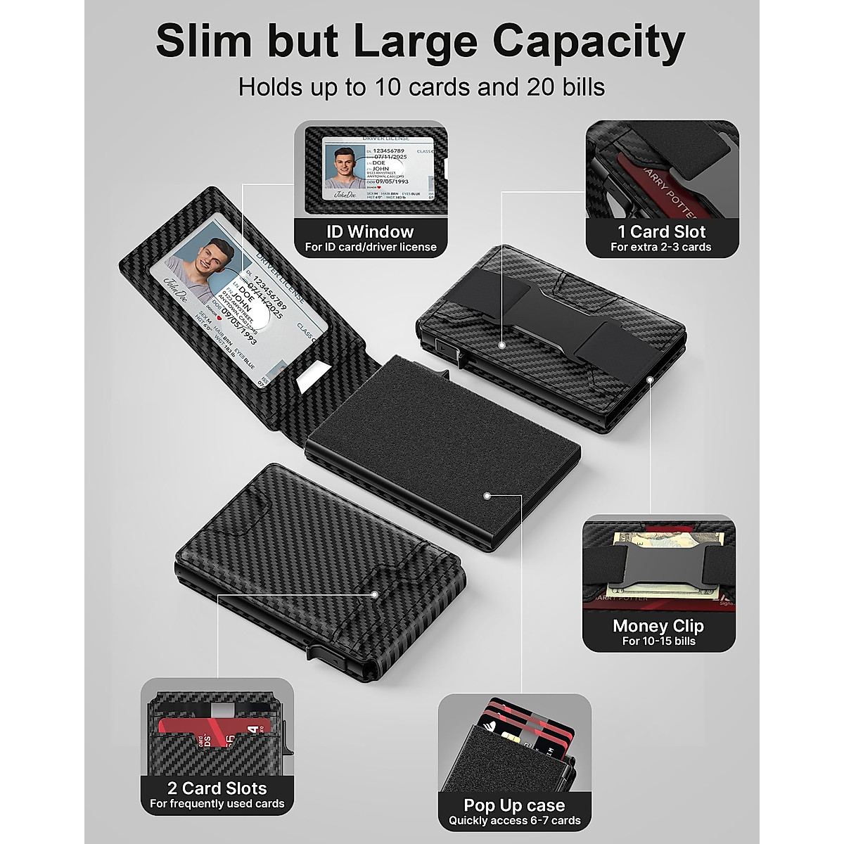 typecase Mens Wallet Card Holder: Pop Up Card Case, Genuine Leather, RFID Blocking, Smart, Slim, Minimalist, Thin - 13 Card Capacitiy, ID Window, Cash Strap (Carbon Fiber)