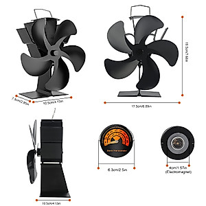 BINE Wood Stove Fan Heat Powered, 5 Blades Non Electric Fireplace Fans, Circulating Warm Air Saving Fuel Efficiently, Silent Fireplace Fans with Thermometer, for Log Burner/Wood/Pellet Stove