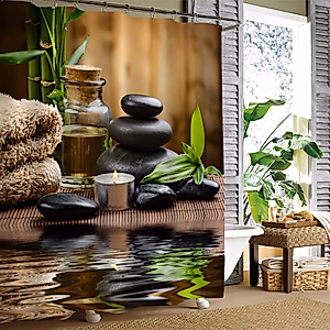 MitoVilla Zen Spa Shower Curtain Set, Zen Basalt Stones and Spa Oil on The Wood Near a Pond Printing Shower Curtain for Bathroom Decor, Japanese Garden Theme, Brown, 72 x 72