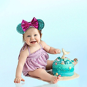 YanJie Mouse Ears Headbands, Glitter Party Mermaid Hot Pink Metallic Bow Favor Decoration Cosplay Costume for Girls Party (Green/Hot Pink)