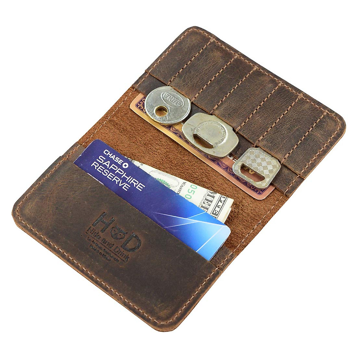Hide & Drink, Leather Card & Key Holder, Cash Organizer, Front Pocket Wallet, Everyday Accessories, Handmade Includes 101 Year Warranty :: Bourbon Brown