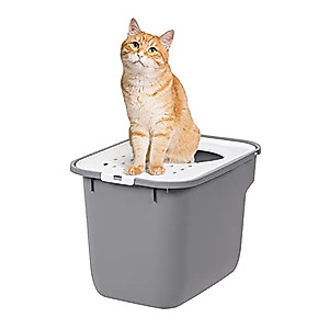 IRIS USA Square Top Entry Cat Litter Box, Large Kitty Litter Tray with Litter Catching Lid Less Tracking Dog Proof and Privacy Walls, Gray/White