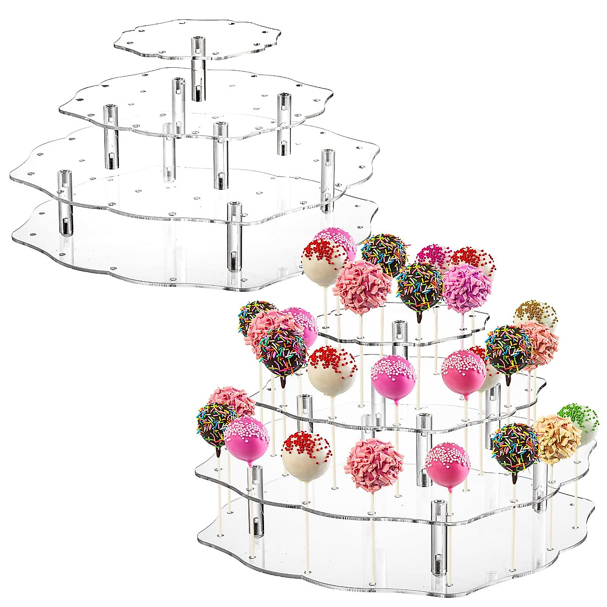 WUWEOT 2 Pack Cake Pop Display Stand, 72 Hole Lollipop Sticks Holder, 4 Tier Acrylic Clear Candy Shelf for Weddings, Baby Showers, Birthday Parties, Anniversaries, Halloween, Christmas, Candy