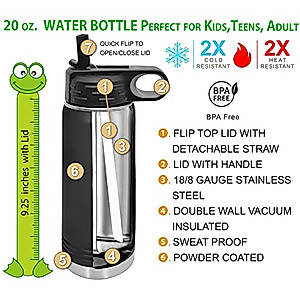 Personalized Kids Water Bottle 20oz with Flip-Top Lid and Straw, Stainless Steel Insulated Flask Kids Thermos with Engraved Name - Birthday, Kids, Men, Women Custom Gift (Black)