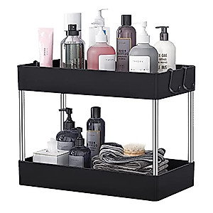 LGHIESO Under Sink Organizer and Storage, Under Bathroom Sink Shelf Organizer Rack, Under Bath Sink Collection Baskets with Hooks, Ideal for Room, Office, Kitchen, Bathroom (Black, 2-Tier)