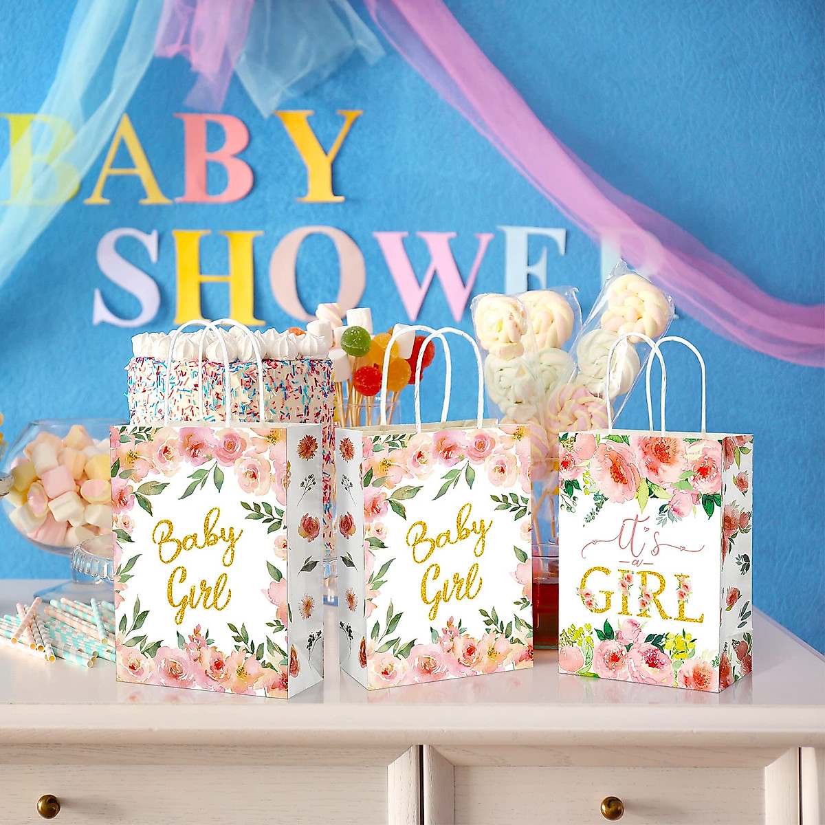 16 Pack Baby Shower Party Favor Bags Baby Shower Party Favors Baby Girl Treat Bags Floral Theme Pink Candy Goodie Bags Kraft Wrap Bags with Handles for Girls Baby Shower Party Decorations Supplies