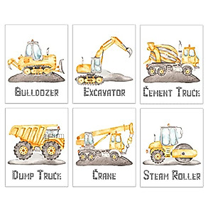 Construction Trucks Art Prints for Boys Bedroom - Kids Playroom Wall Decor - Big Vehicle Posters - Toddler Truck Pictures - Set of 6-8x10 - UNFRAMED (Watercolor Construction Trucks)