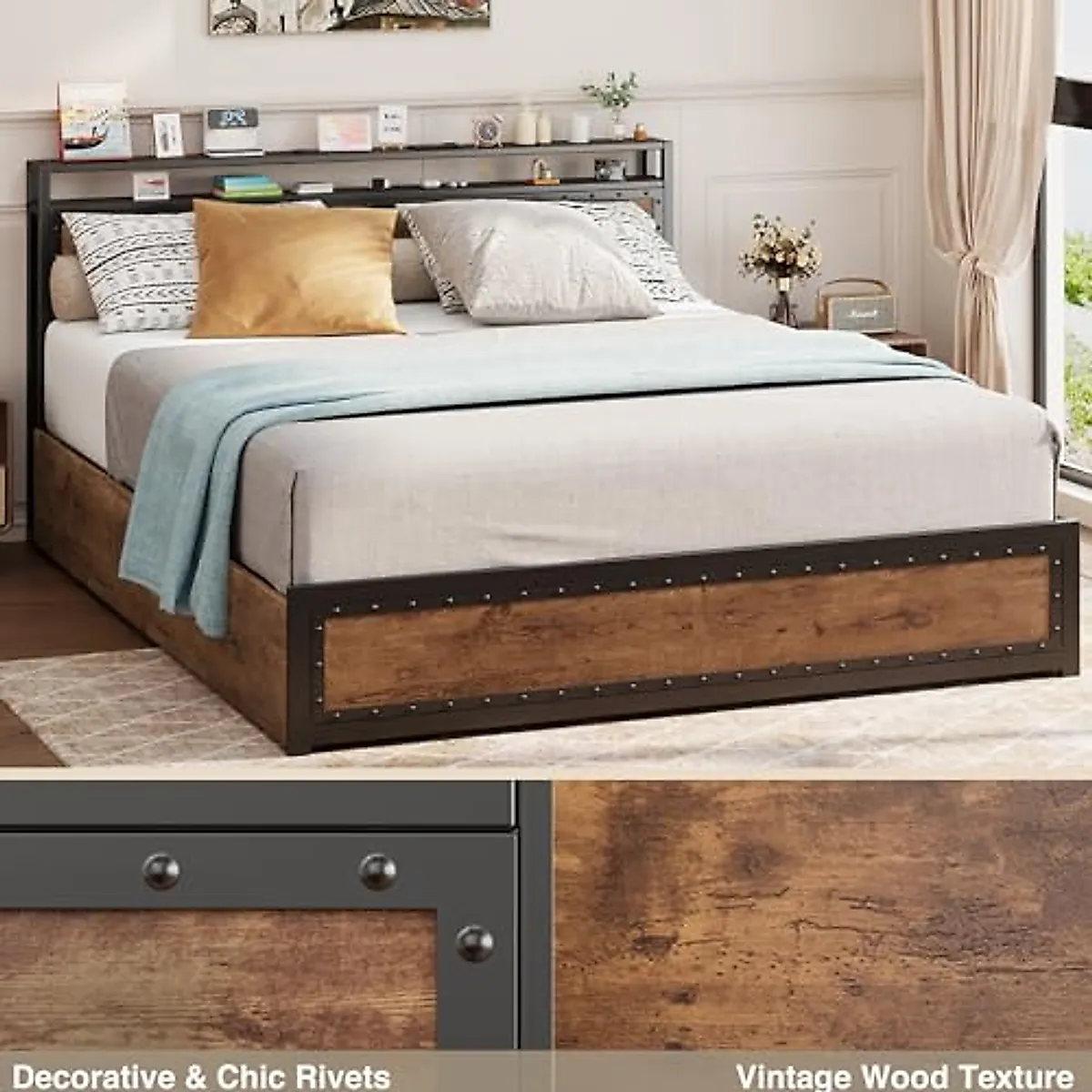 Gizoon Queen Bed Frame with Storage Headboard, 15 Iron Slats, Solid and Stable, Large Underbed Storage, No Box Spring Needed, Easy Assembly