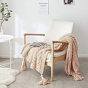 Pink Acrylic Knit Boho Throw Blanket with Tassels (51x63 inch) MH MYLUNE HOME Handmade Farmhouse Cozy Decorative Blanket for Couch, Bed, Sofa