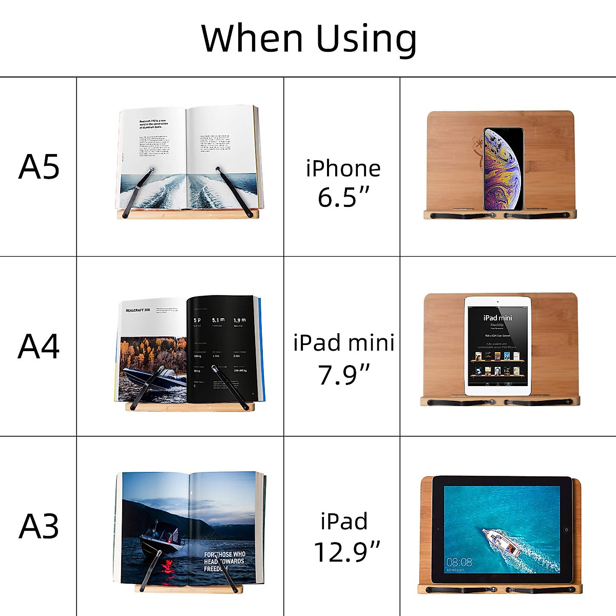 wishacc Book Stand with Clamp, Aluminum Alloy and Bamboo Material Build, Table Side Design, Height Adjustable, Desktop Reading Mount Holder with Sturdy Page Clips (11 x 8.1 Inches)