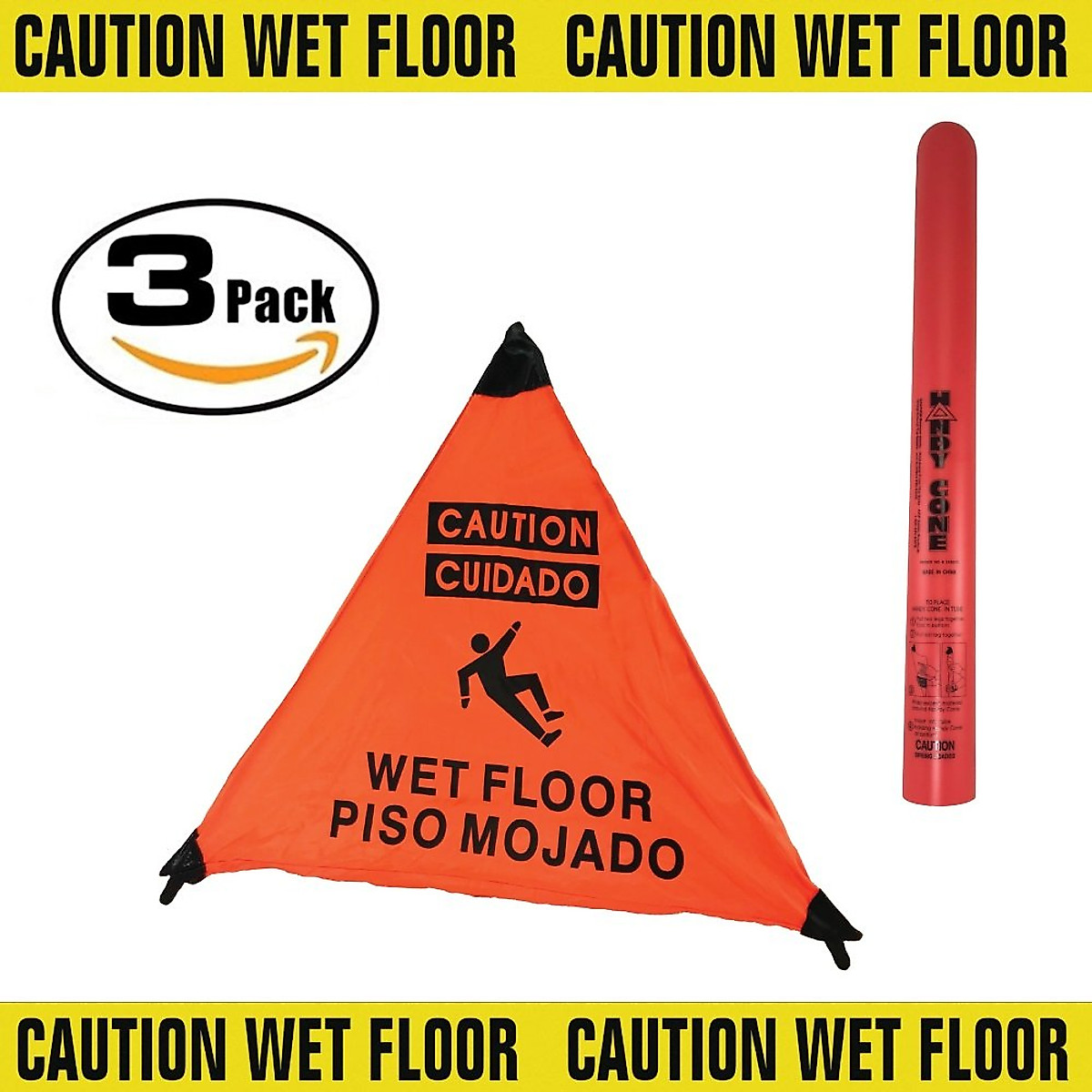 Orange Caution Wet Floor Sign (ENG/SPAN) Handy Cone w/Storage Tube "3-PACK"