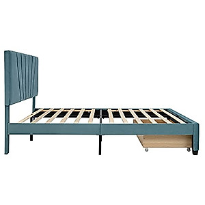 Lifeand Queen Size Storage Bed Velvet Upholstered Platform Bed with a Big Drawer - Blue